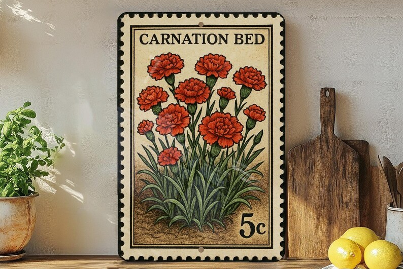 Carnation Bed Stamp Style Metal Sign – Vintage Floral Wall Art, Retro ...