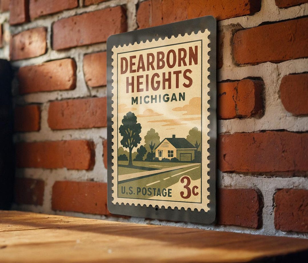 Dearborn Heights Michigan Metal Sign – Retro Postage Stamp Design ...