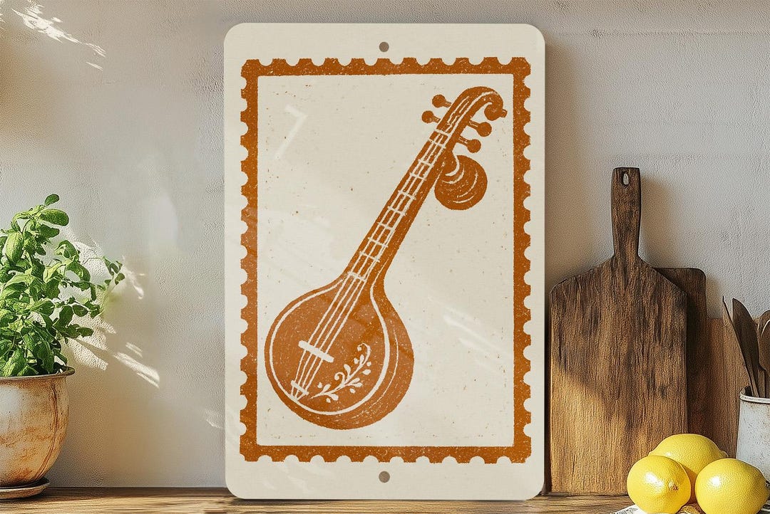 Veena Stamp Style Metal Wall Art Sign – Indian Musical Instrument Decor ...
