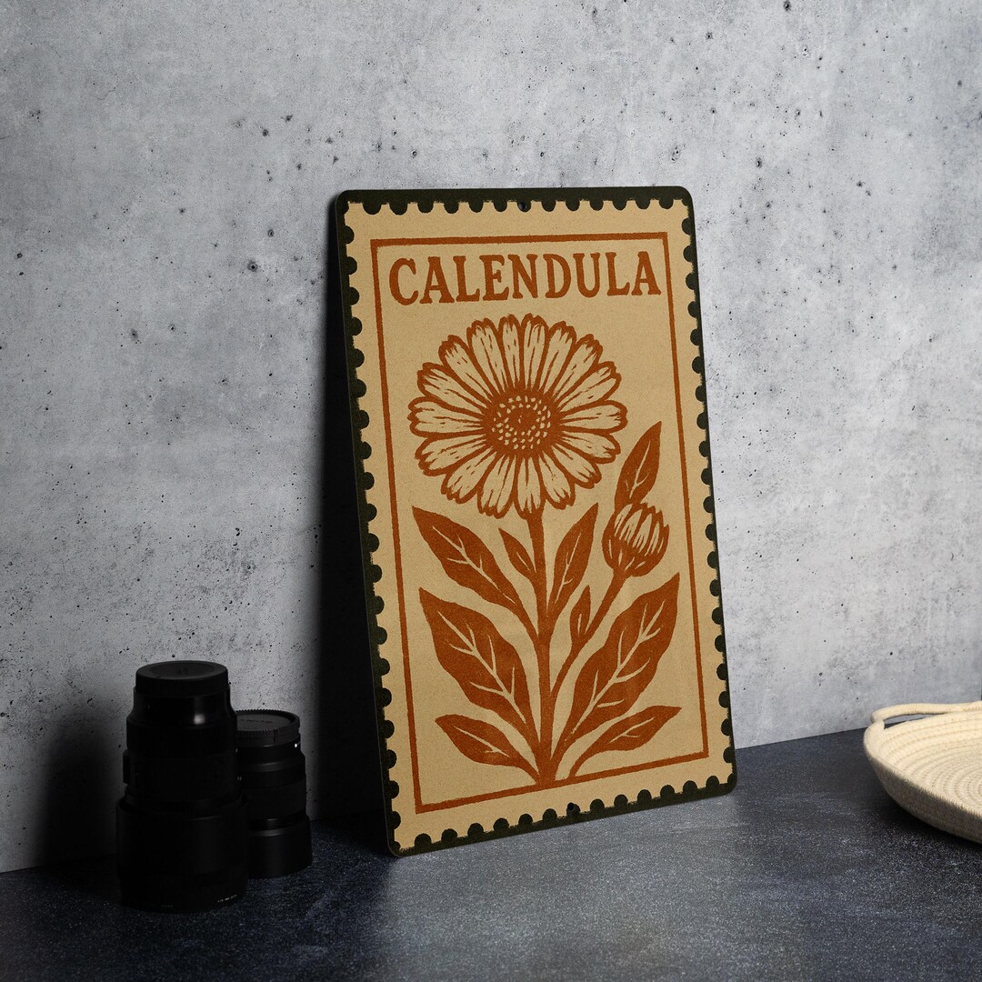 Calendula Flower Metal Sign – Botanical Stamp Style Wall Art With ...