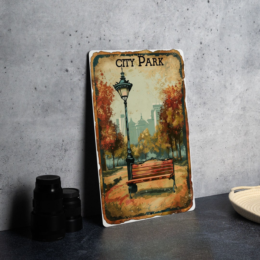 City Park Vintage Aluminum Sign, Park Bench Trees Illustration, Muted ...