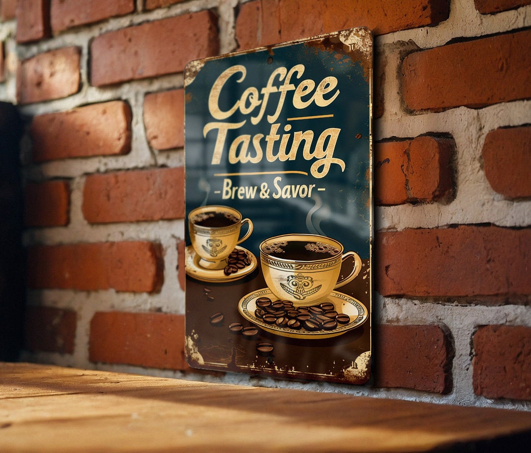 Vintage Coffee Tasting Metal Sign, Coffee Cups, Beans, Brew & Savor ...