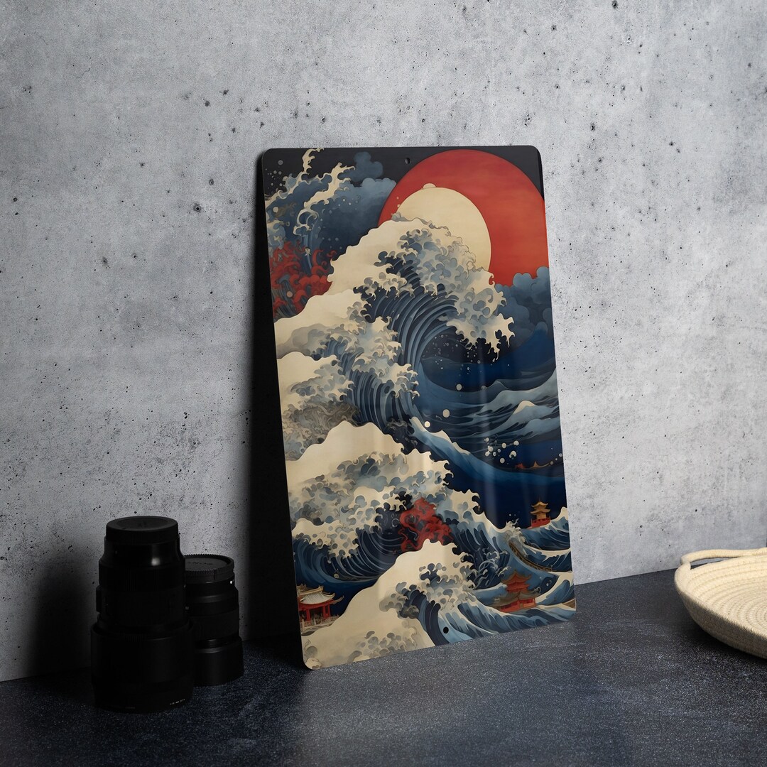 Vintage Japanese Ocean Art Metal Sign - Serene Sea, Traditional Waves ...