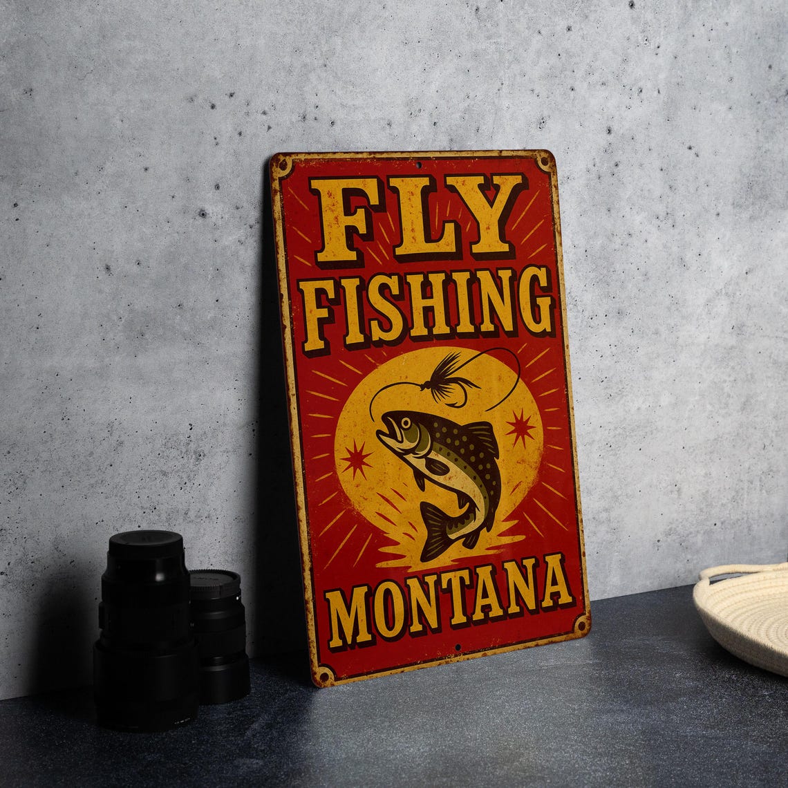 Vintage Fly Fishing Montana Metal Sign – Circus Poster Style, Red ...