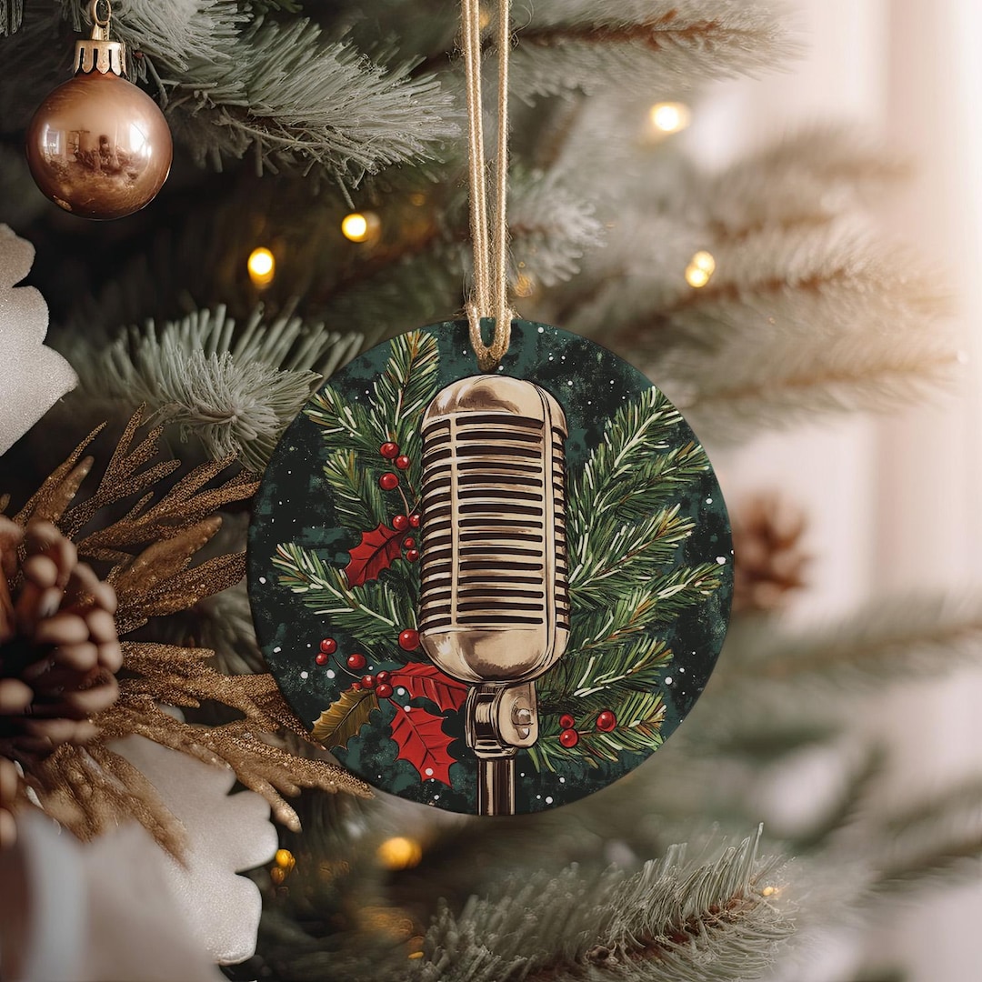 Retro Microphone Ceramic Ornament, Holiday Caroling Decor, Circular ...