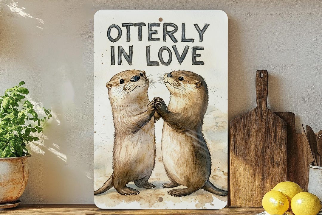 Otterly in Love Metal Sign, Watercolor Otter Art, Hand-holding Otters ...