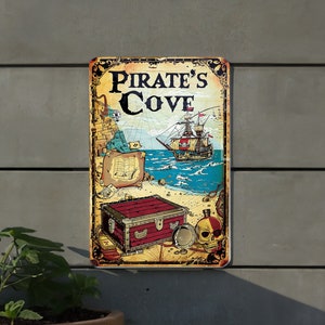 Pirate's Cove Vintage Metal Sign: Treasure Chest, Nautical Colors ...
