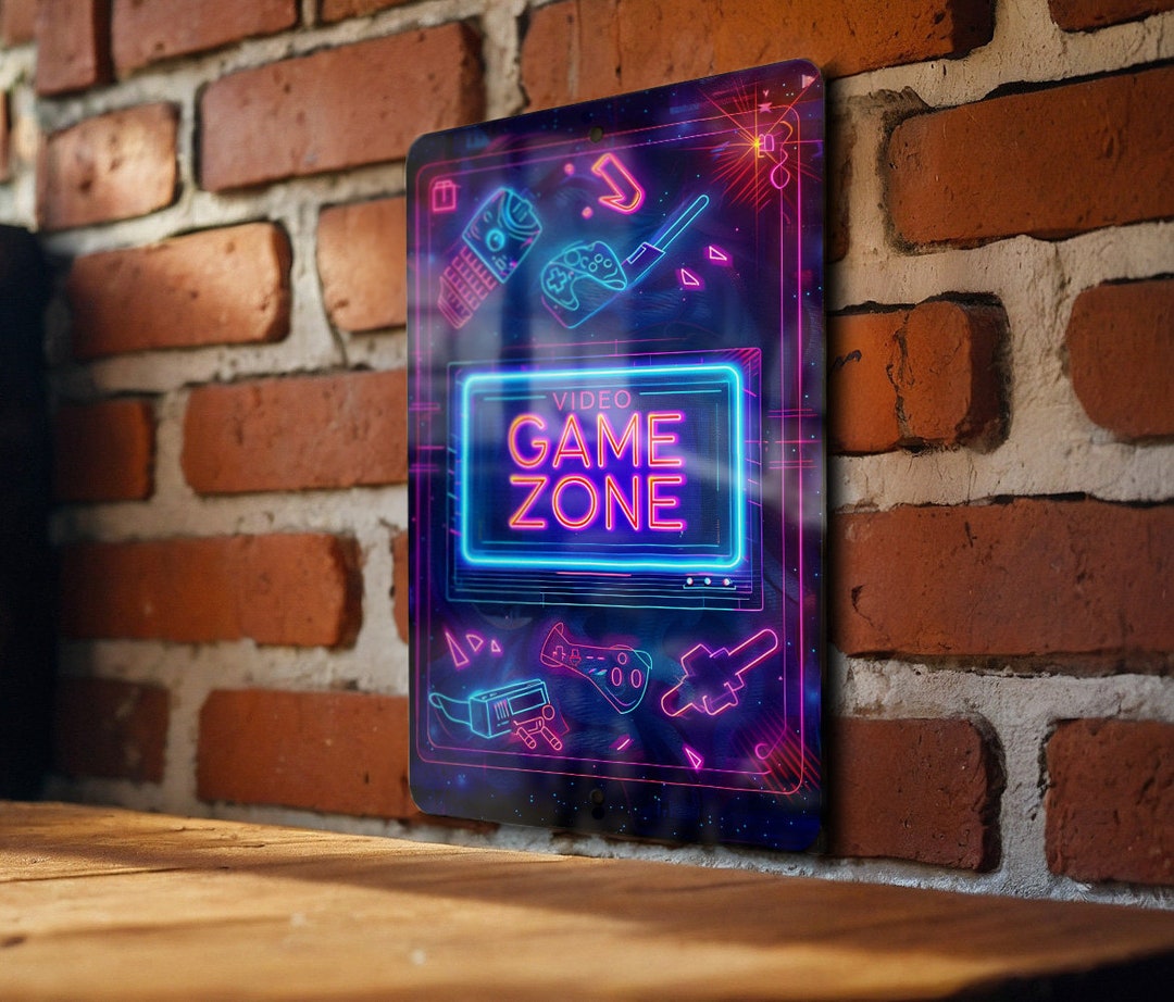 Vintage Video Game Zone Sign, Joystick Illustration, Neon Colors, Pixel ...