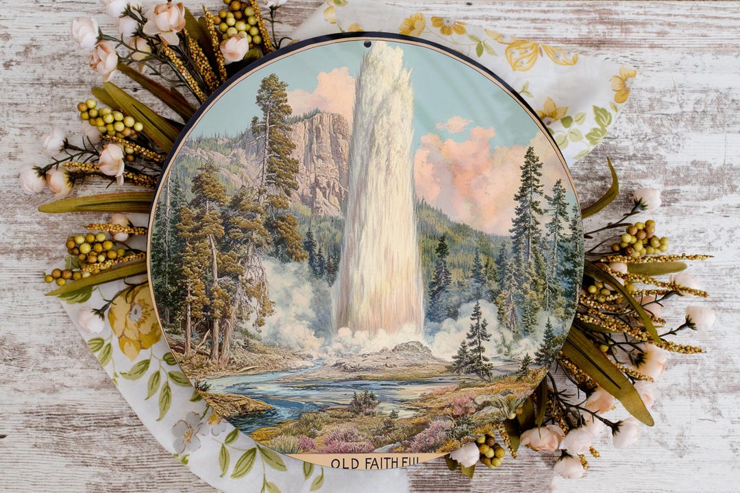 Majestic Geyser Burst Round Metal Sign, Old Faithful Art, Vibrant ...