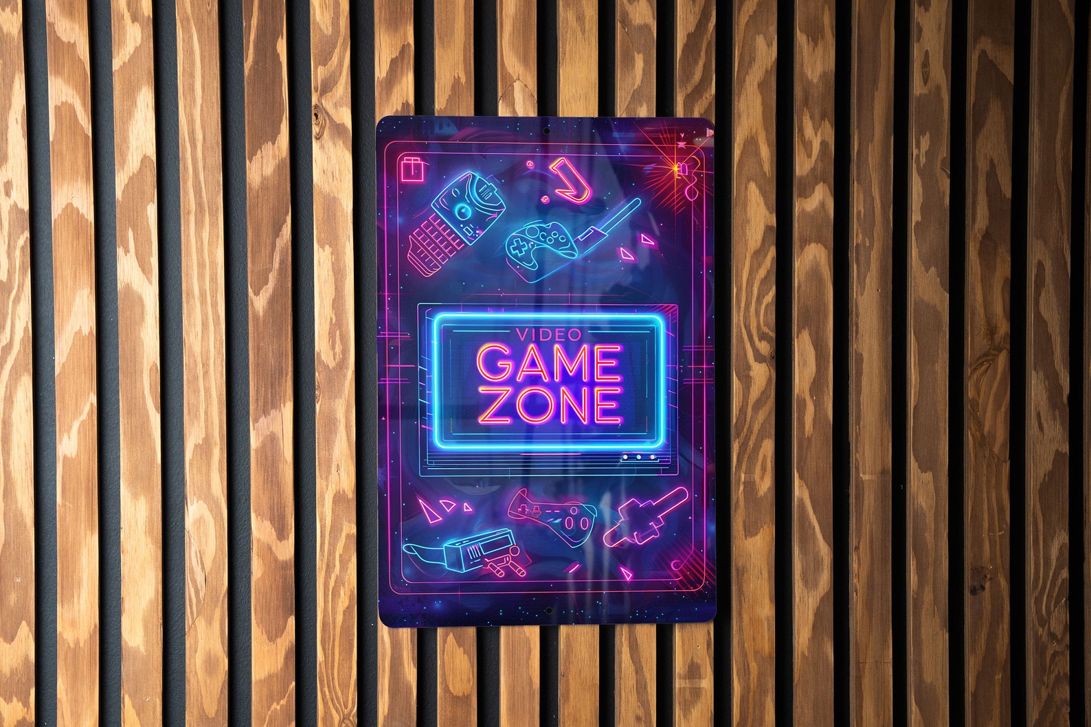 Vintage Video Game Zone Sign, Joystick Illustration, Neon Colors, Pixel ...