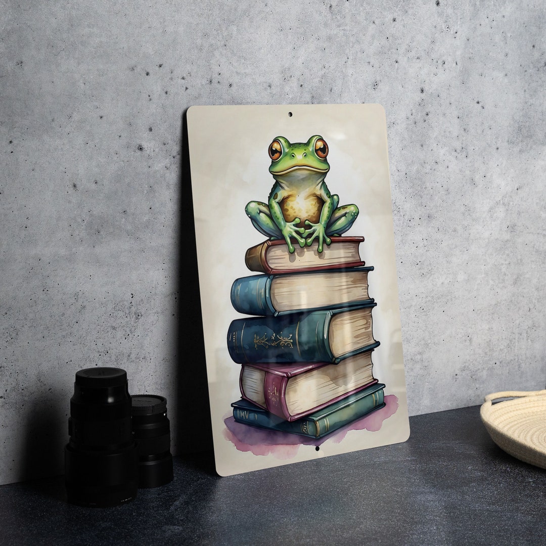 Frog on Books Wall Art Metal Sign - Whimsical Reading, Literary Frog ...