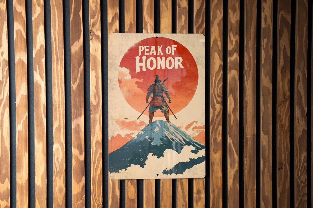 Peak of Honor Metal Sign, Samurai Wall Art, Mountain Decor, Sepia Wall ...