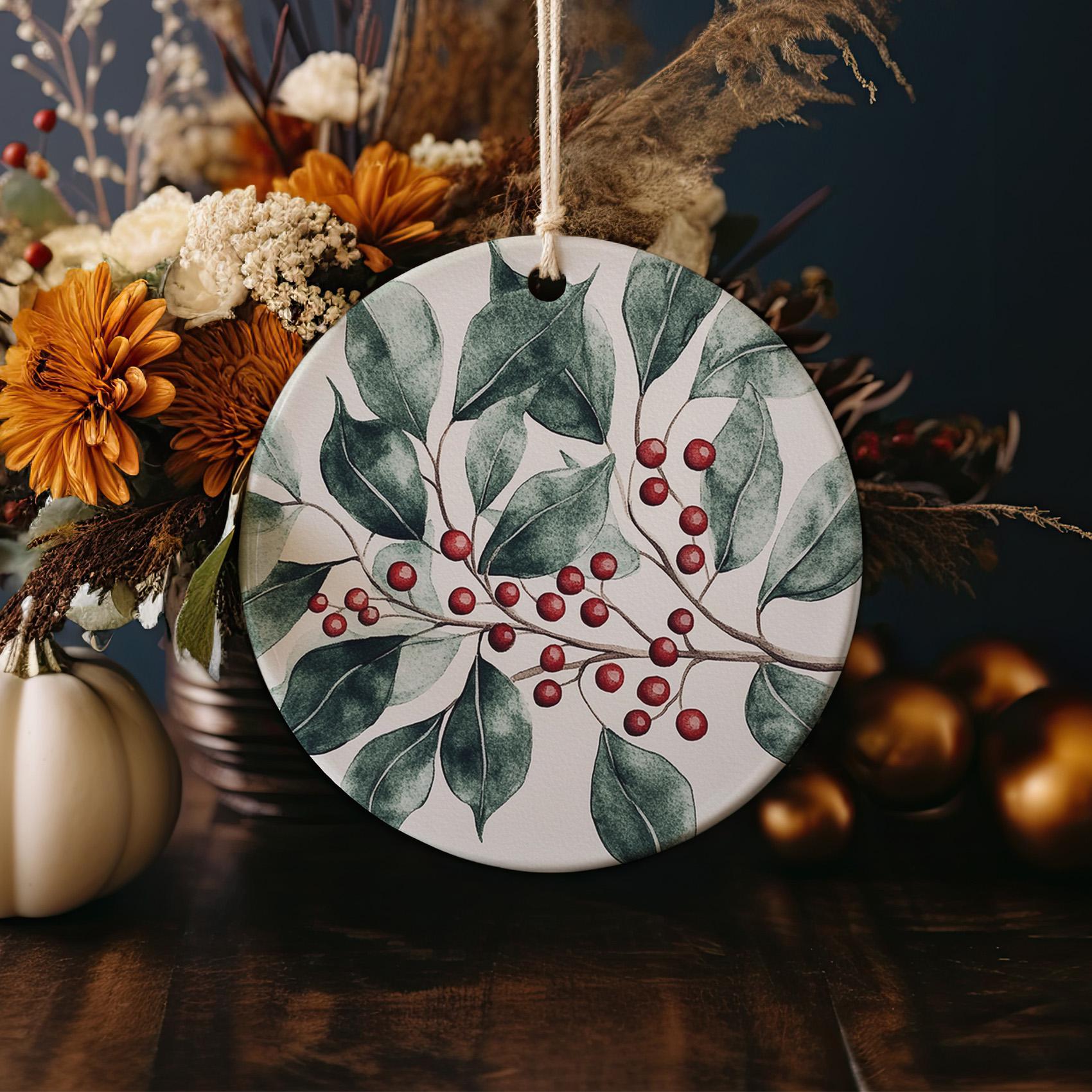 In A Circular Design Ceramic Ornament, Watercolor Mistletoe Sprig ...