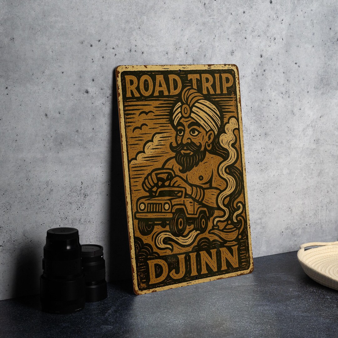 Vintage Road Trip Djinn Tin Sign – Folk Art Woodcut Style Metal Wall ...