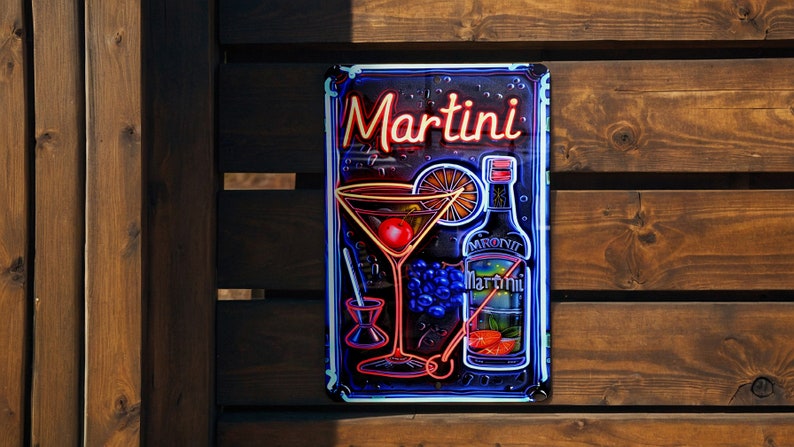 Retro Neon Style Martini Sign, Metal Wall Decor, Vintage Bar Sign, Home ...