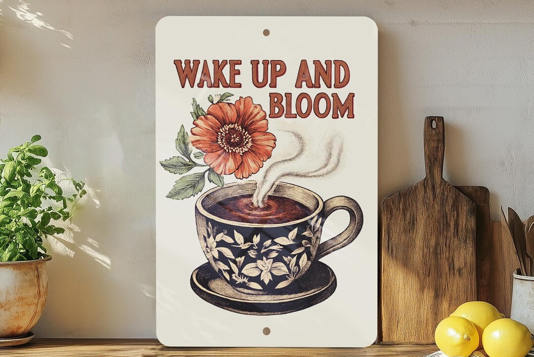 Vintage Coffee Mug Metal Sign, Floral Coffee Decor, Crimson and Cream ...