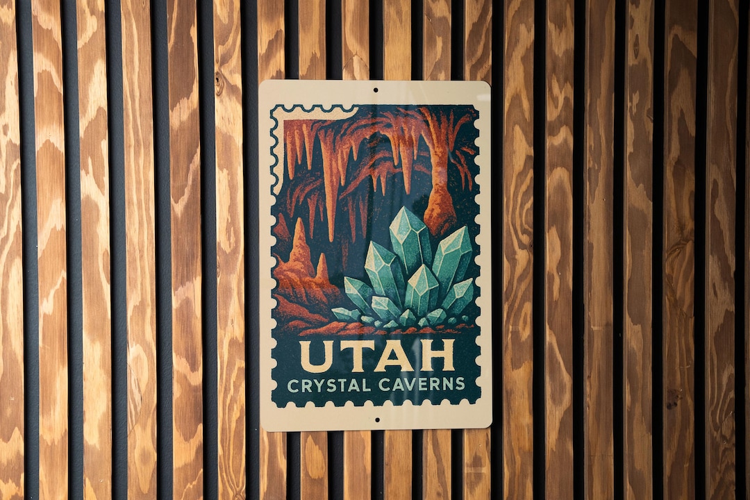 Utah Crystal Caverns Metal Sign – Vintage Stamp Style Wall Art, Rustic ...