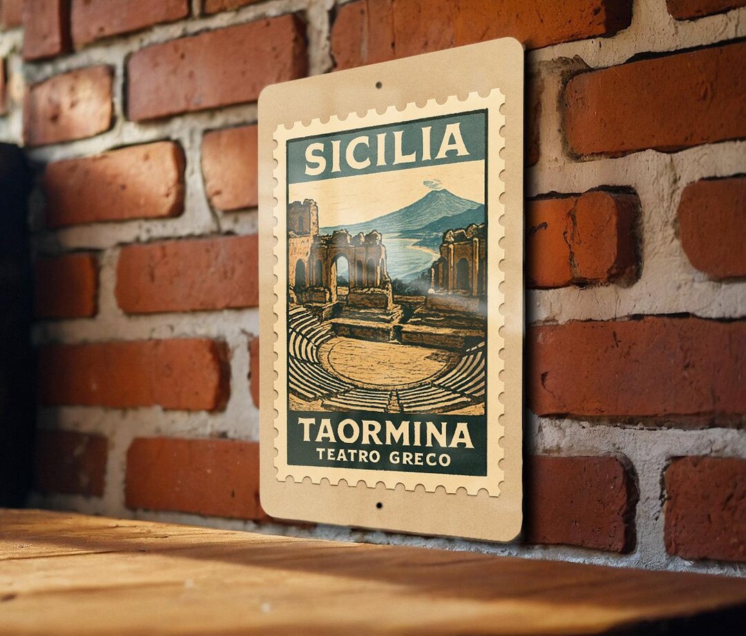 Sicily Taormina Greek Theatre Metal Sign – Vintage Travel Stamp Style ...