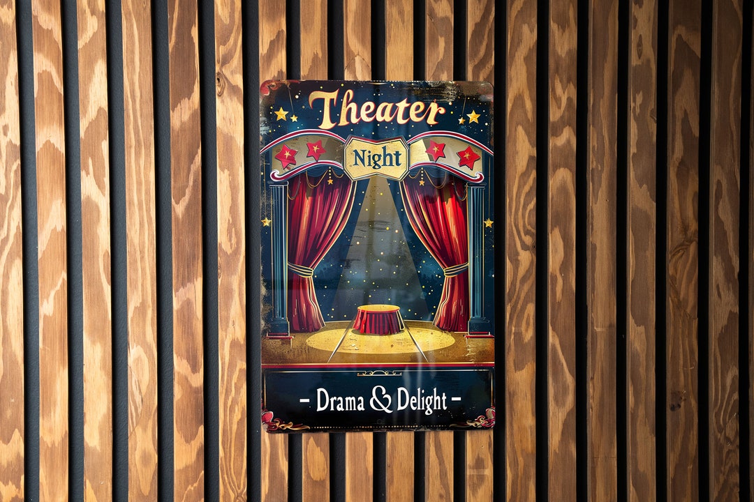Theater Night Vintage Aluminum Sign, Stage and Curtains, Drama ...