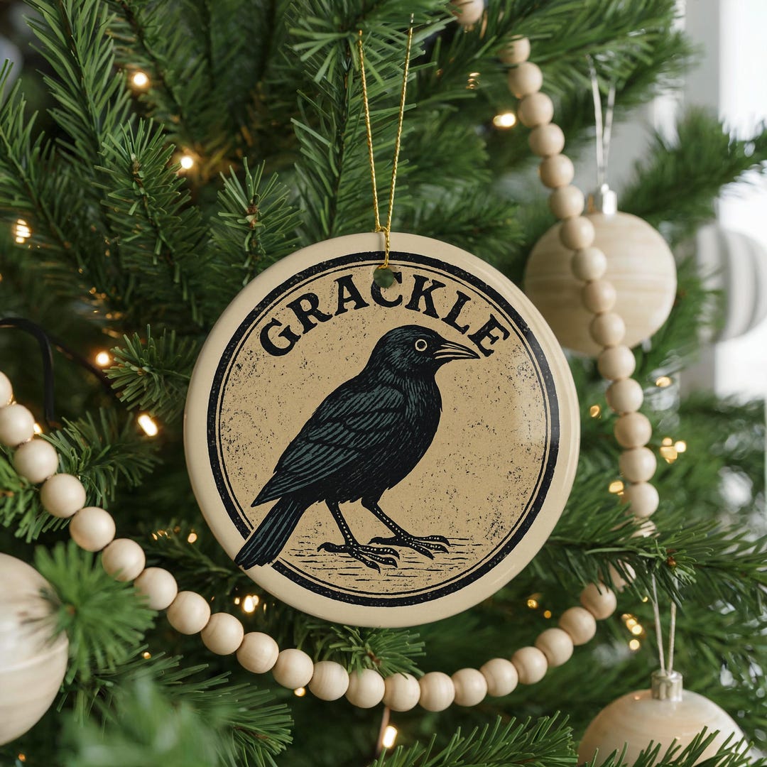 Grackle Ceramic Ornament – Circular Stamp Style Bird Art, Handcrafted ...