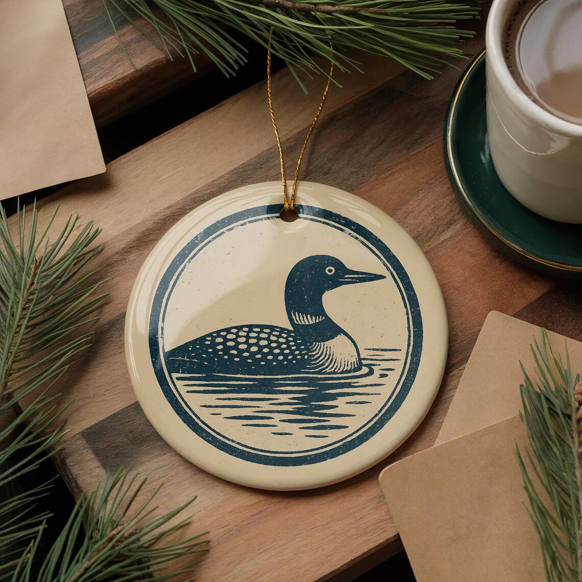 Loon Ceramic Ornament – Round Stamp Style Wildlife Art, Rustic Nature ...