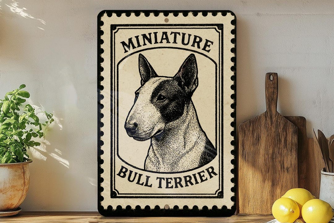 Bull Terrier Metal Sign – Vintage Stamp Style Dog Wall Art, Miniature ...