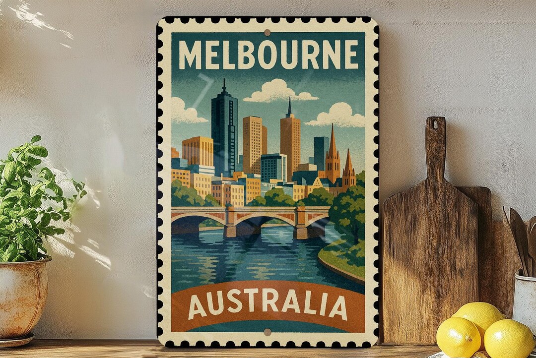 Melbourne Australia Vintage Stamp Art Metal Sign – Retro Travel Decor ...