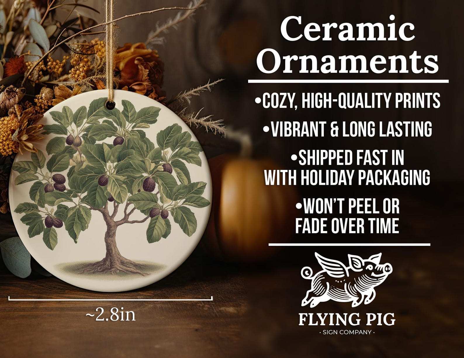 Vintage Botanical Fig Ceramic Ornament, Circular Design, Fig ...