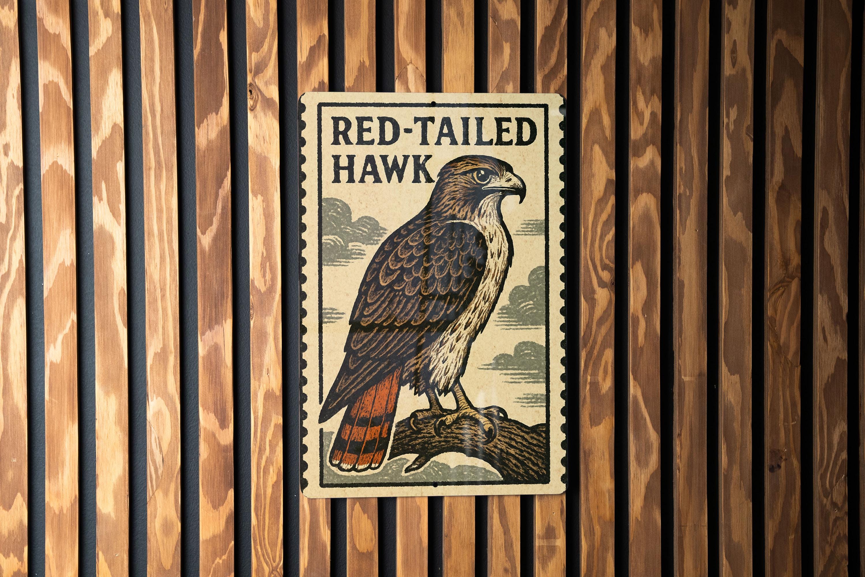 Red-tailed Hawk Metal Sign Vertical | Rustic Stamp Style Bird Wall Art ...