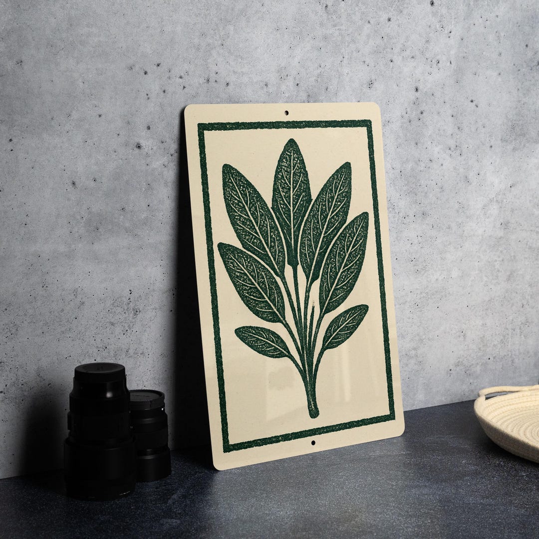 Sage Leaf Cluster Metal Sign – Botanical Stamp Style Wall Art for ...