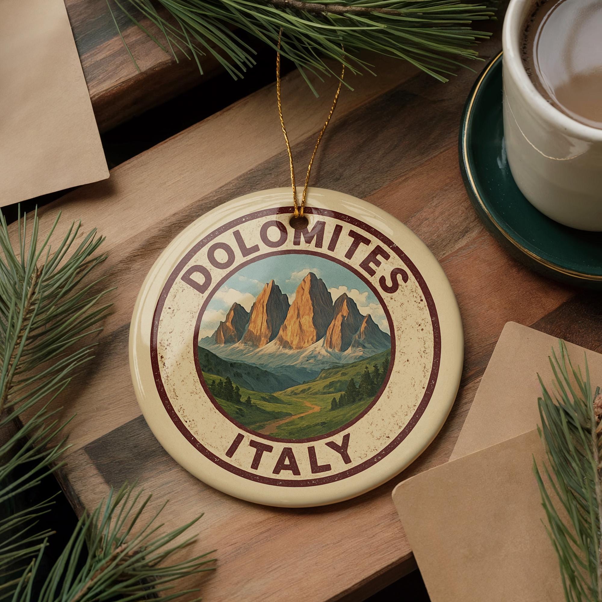 Dolomites Italy Ceramic Ornament – Circular Stamp Style Mountain Art ...