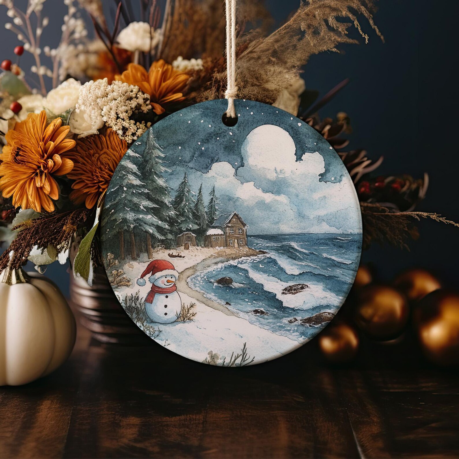 Winter Beach Scene Ceramic Ornament, Sandman Decor, Santa Hat Design ...