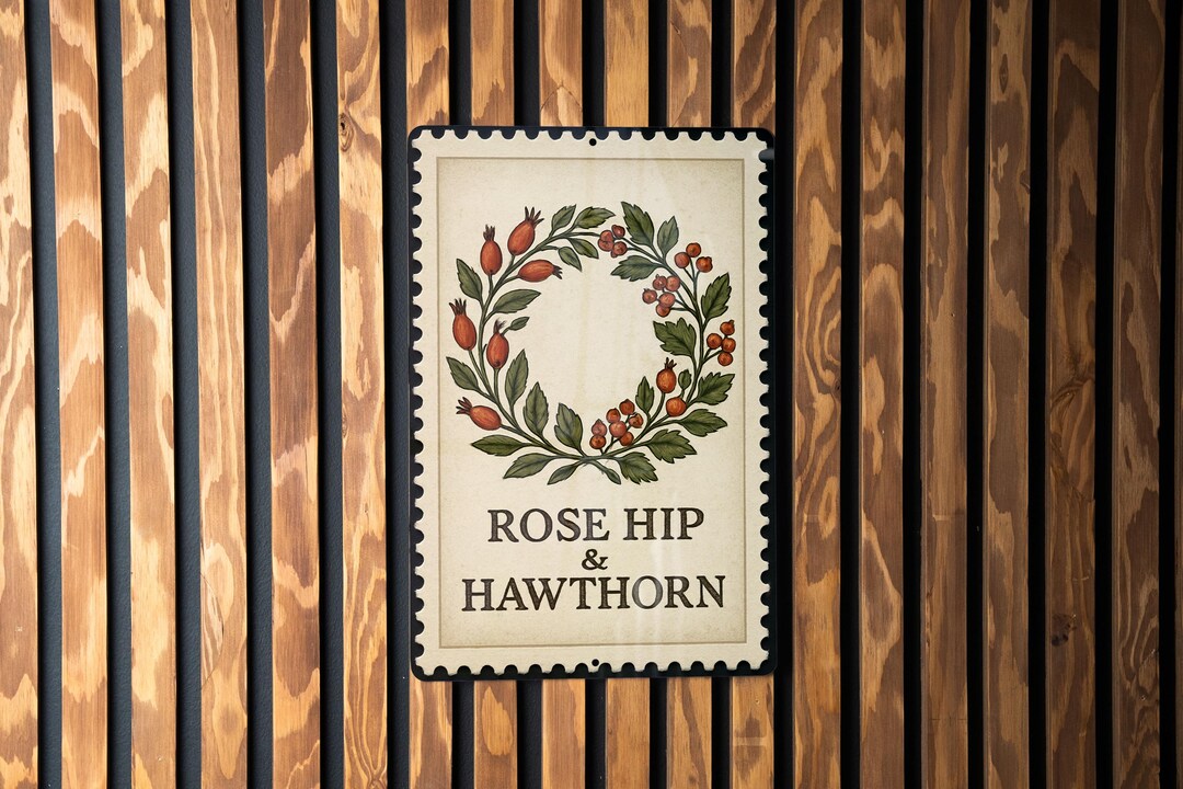 Rose Hip & Hawthorn Wreath Metal Sign – Botanical Stamp Style Wall Art ...