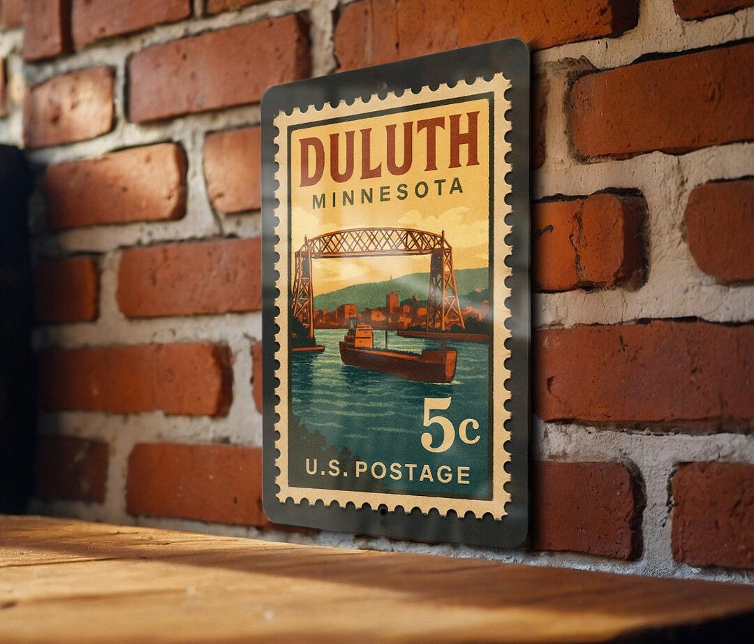 Duluth Minnesota Metal Sign – Retro Postage Stamp Design Featuring Lake ...