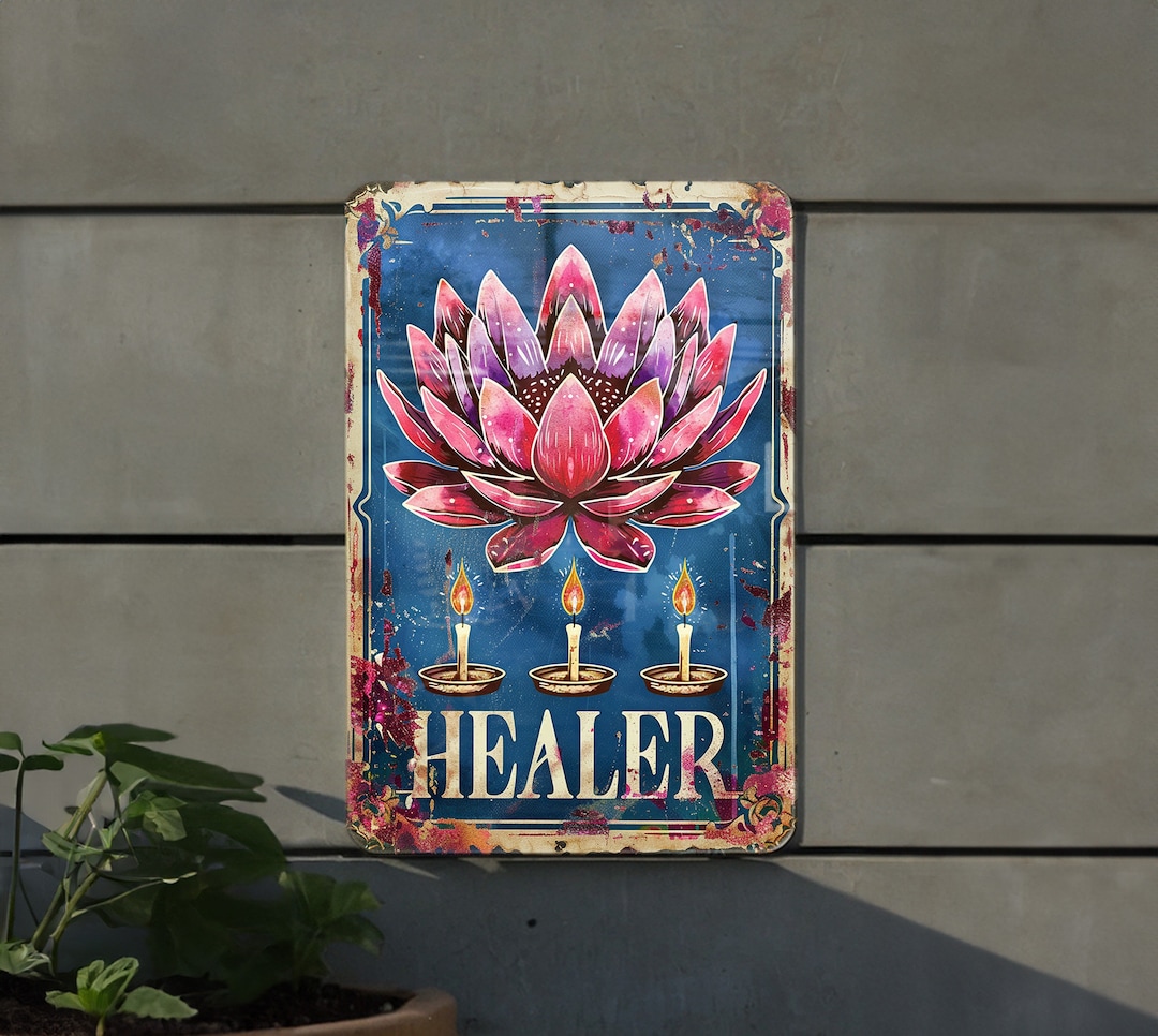 Healer Vintage Metal Sign: Spiritual Healer, Lotus and Candles, Soft ...