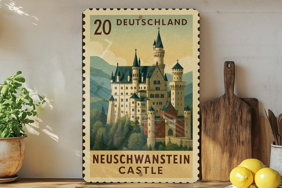 Neuschwanstein Castle Germany Metal Sign – Vintage Stamp Style Wall Art ...