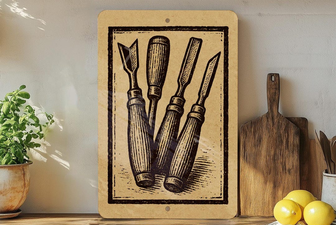 Wood Carving Chisels Metal Sign – Vintage Stamp Style Workshop Decor ...