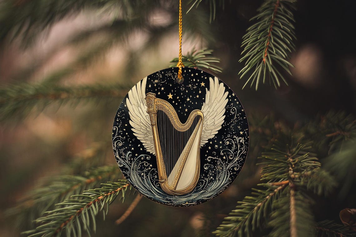 Angelic Harp Wings Ceramic Ornament, Starry Design, Circular Home Decor ...