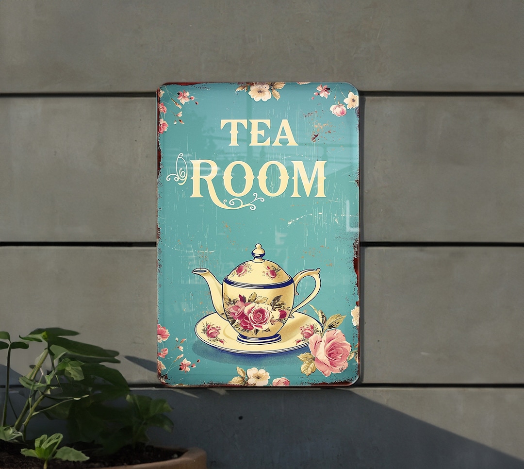 Vintage Tea Room Metal Sign, Teapot Illustration, Soft Pastels, Tea ...