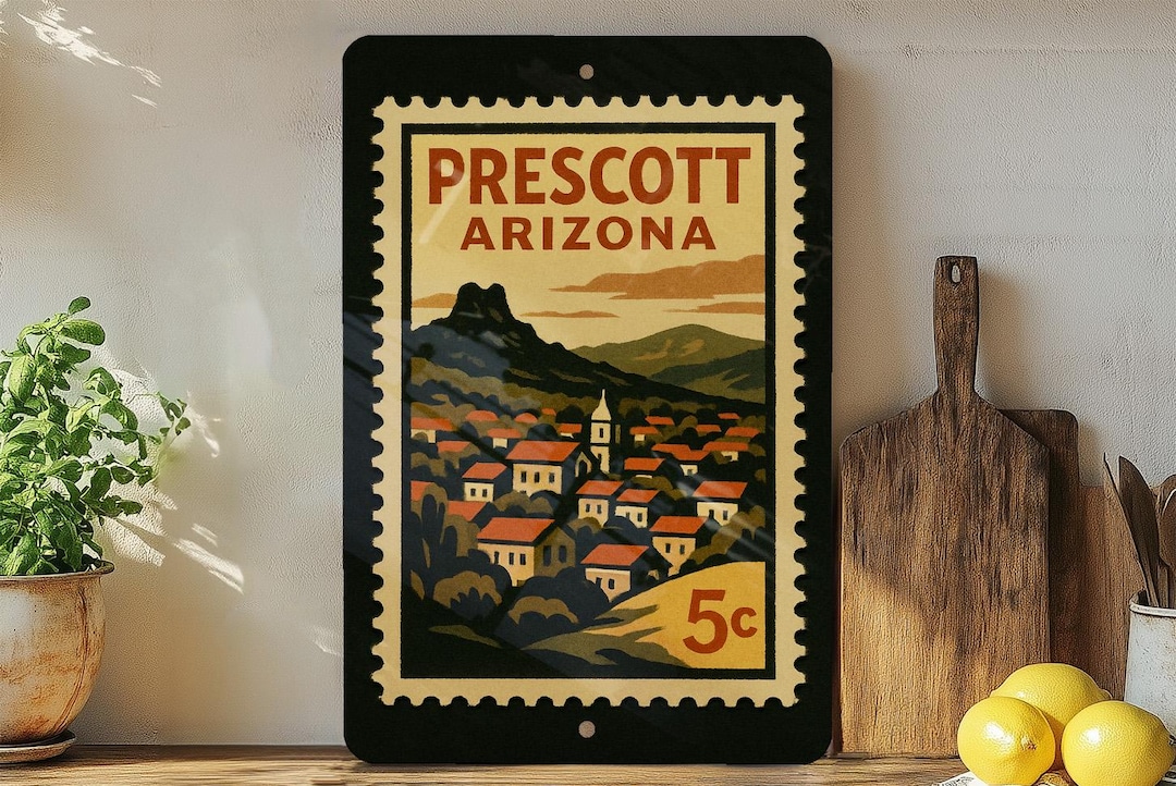 Prescott Arizona Metal Sign Featuring Retro Postage Stamp Design With ...