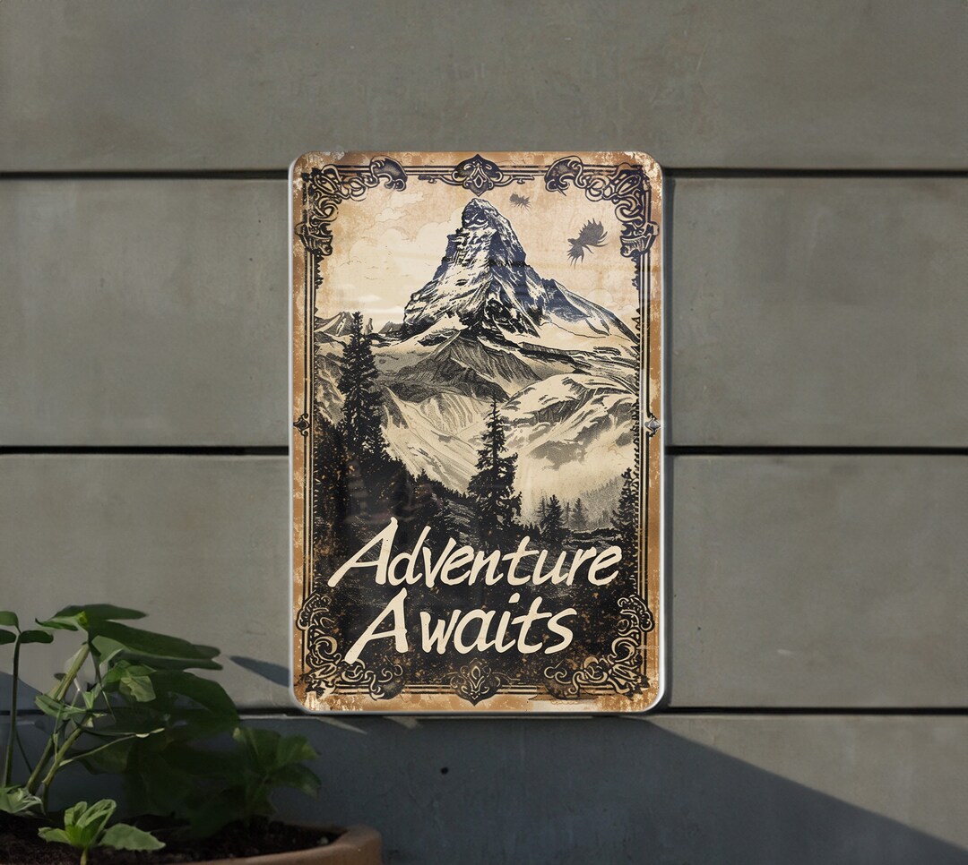 Adventure Awaits Vintage Style Metal Sign: Mountain Range, Hiking Trail ...
