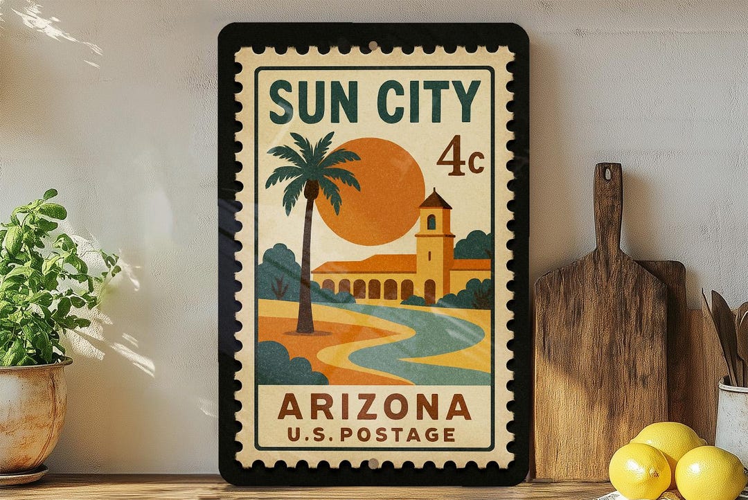 Sun City Arizona Metal Sign Featuring Vintage Postage Stamp Design With ...