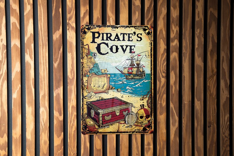 Pirate's Cove Vintage Metal Sign: Treasure Chest, Nautical Colors ...