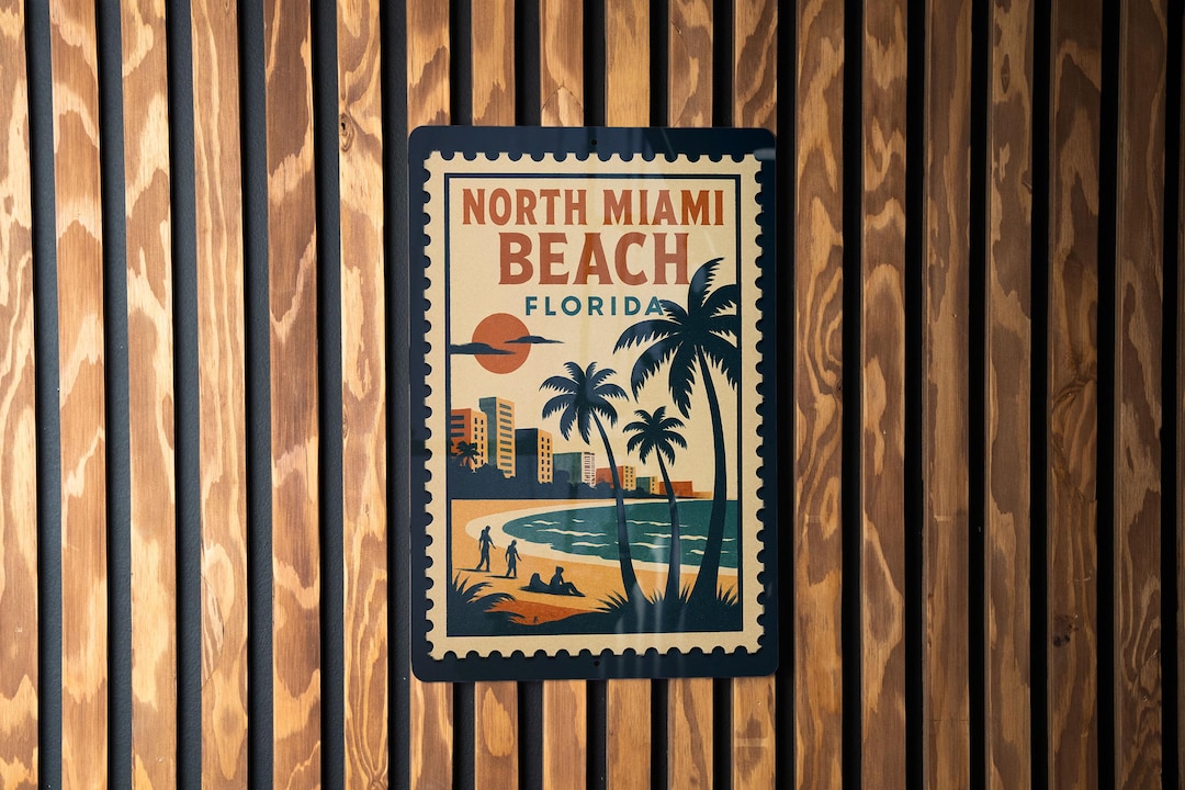 North Miami Beach Florida Metal Sign – Retro Postage Stamp Design ...