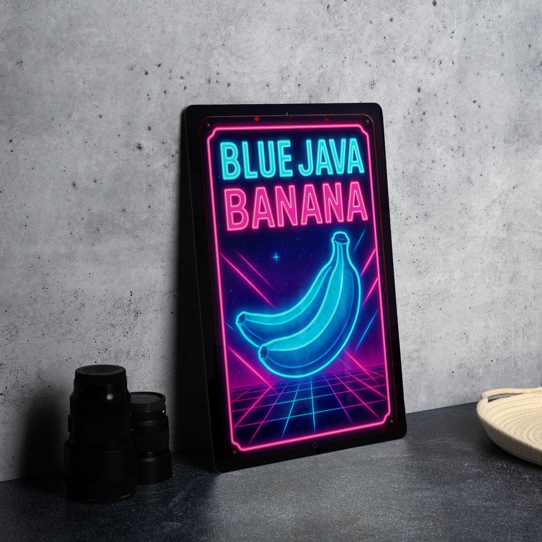1980s Neon Metal Sign Blue Java Banana – Retro Cosmic Grid Wall Art ...