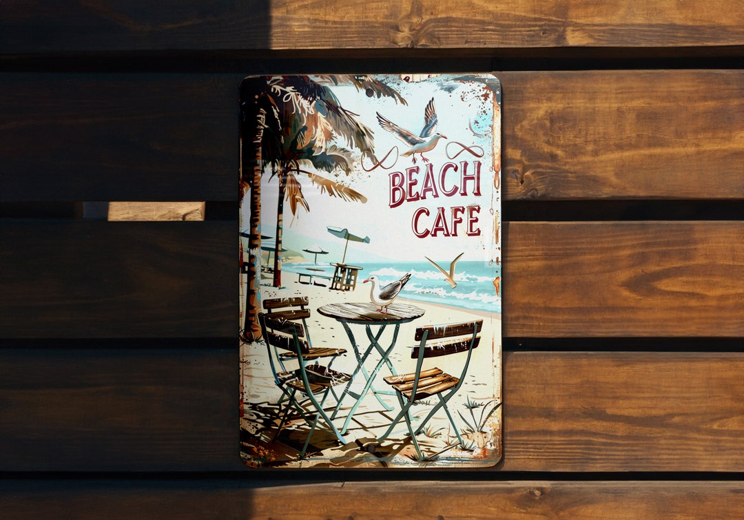 Beach Cafe Metal Sign: Seagull Illustration, Soft Pastels, Coastal ...