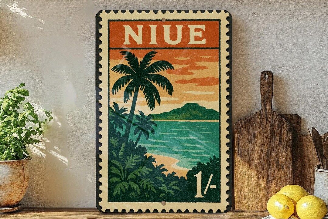 Niue Stamp Style Vertical Metal Sign – Vintage Travel Poster Wall Art ...