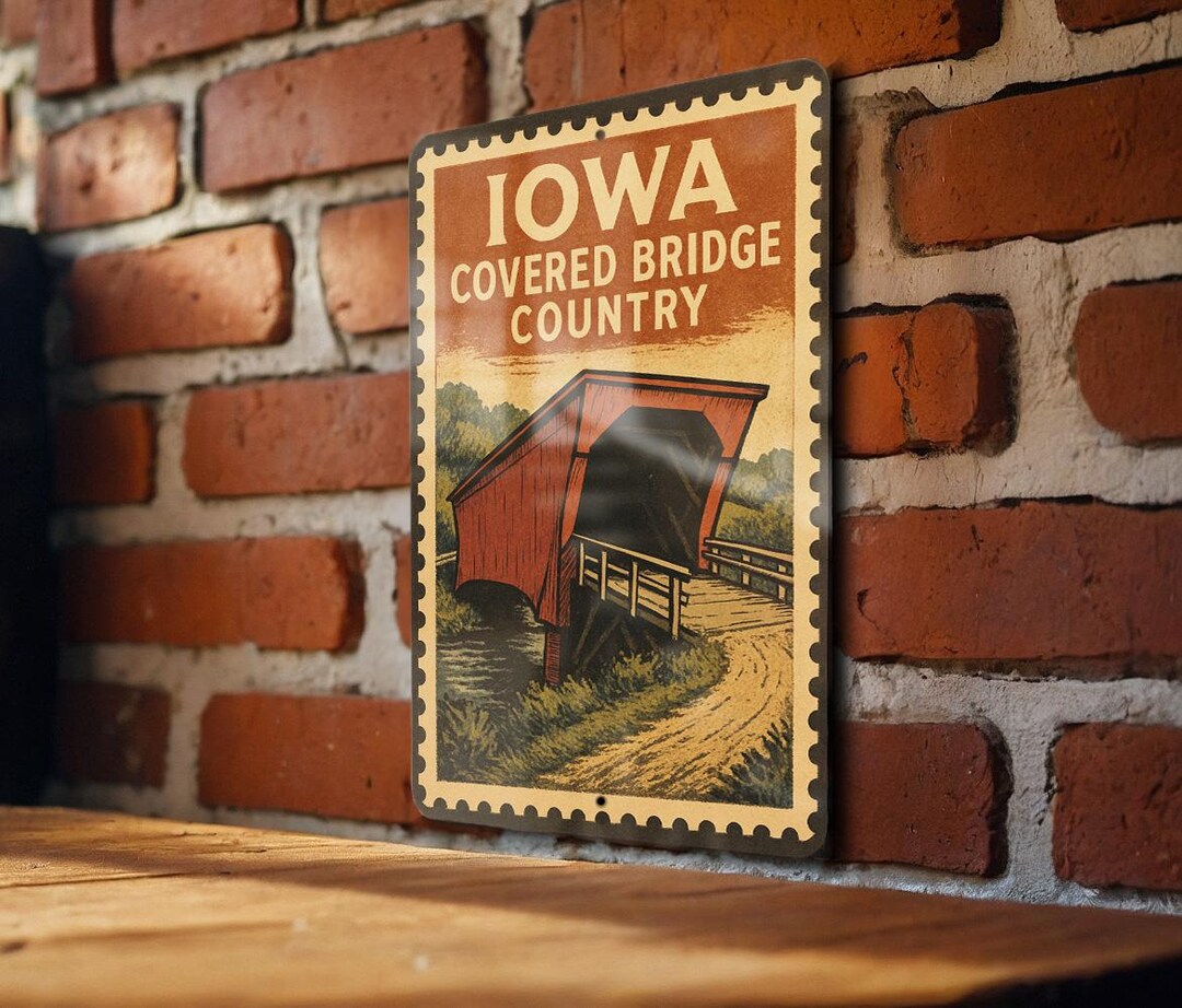 Iowa Covered Bridge Country Metal Sign – Vintage Stamp Style Wall Art ...