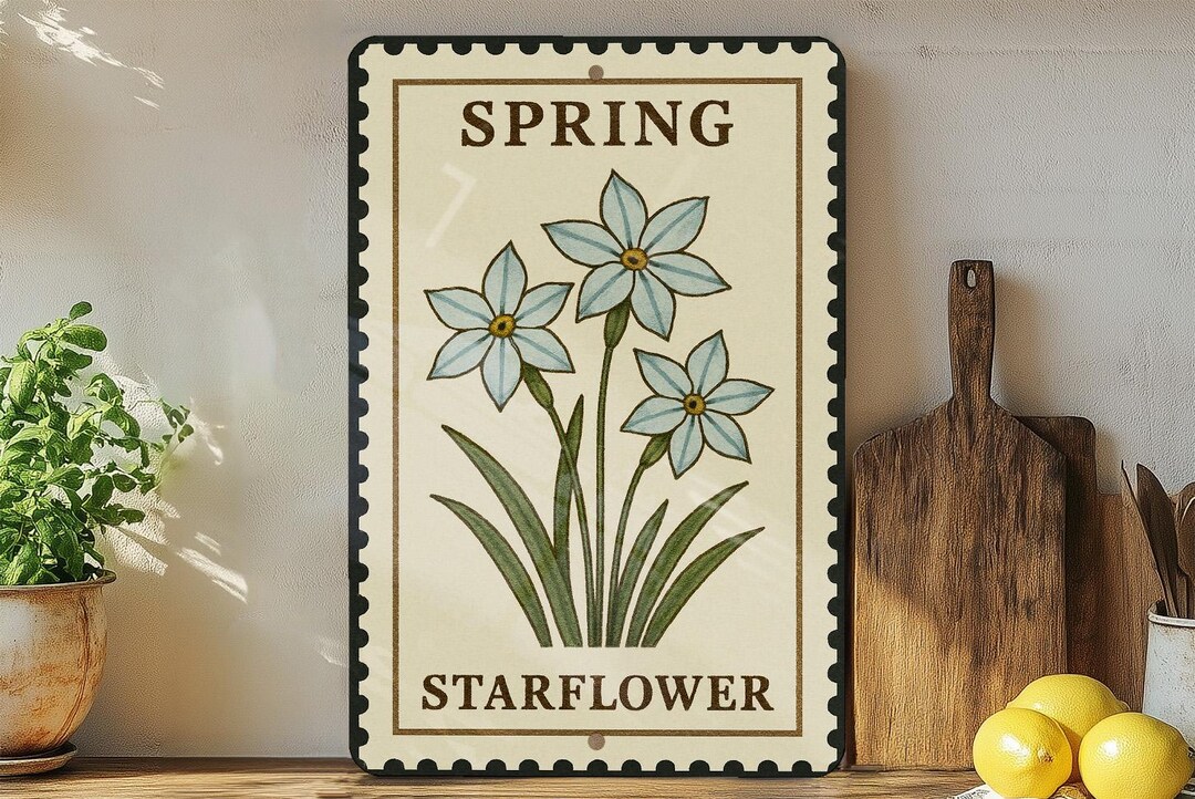 Spring Starflower Metal Sign – Vintage Stamp Style Wall Art for Garden ...