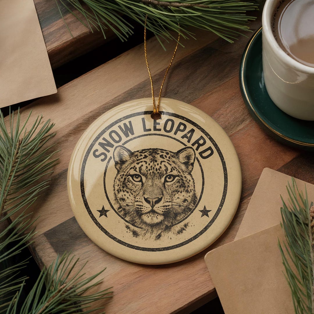 Snow Leopard Ceramic Ornament – Circular Stamp Style Wildlife Art ...